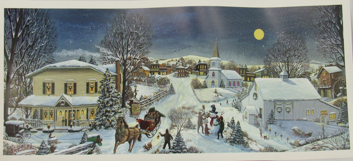 Large Christmas Lithograph Print of the Albert Homestead in - Etsy