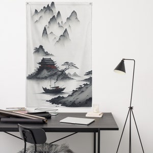 Asian Scenery Flag, Landscape, Decoration for Dojo, Yoga Studio, Gym ...