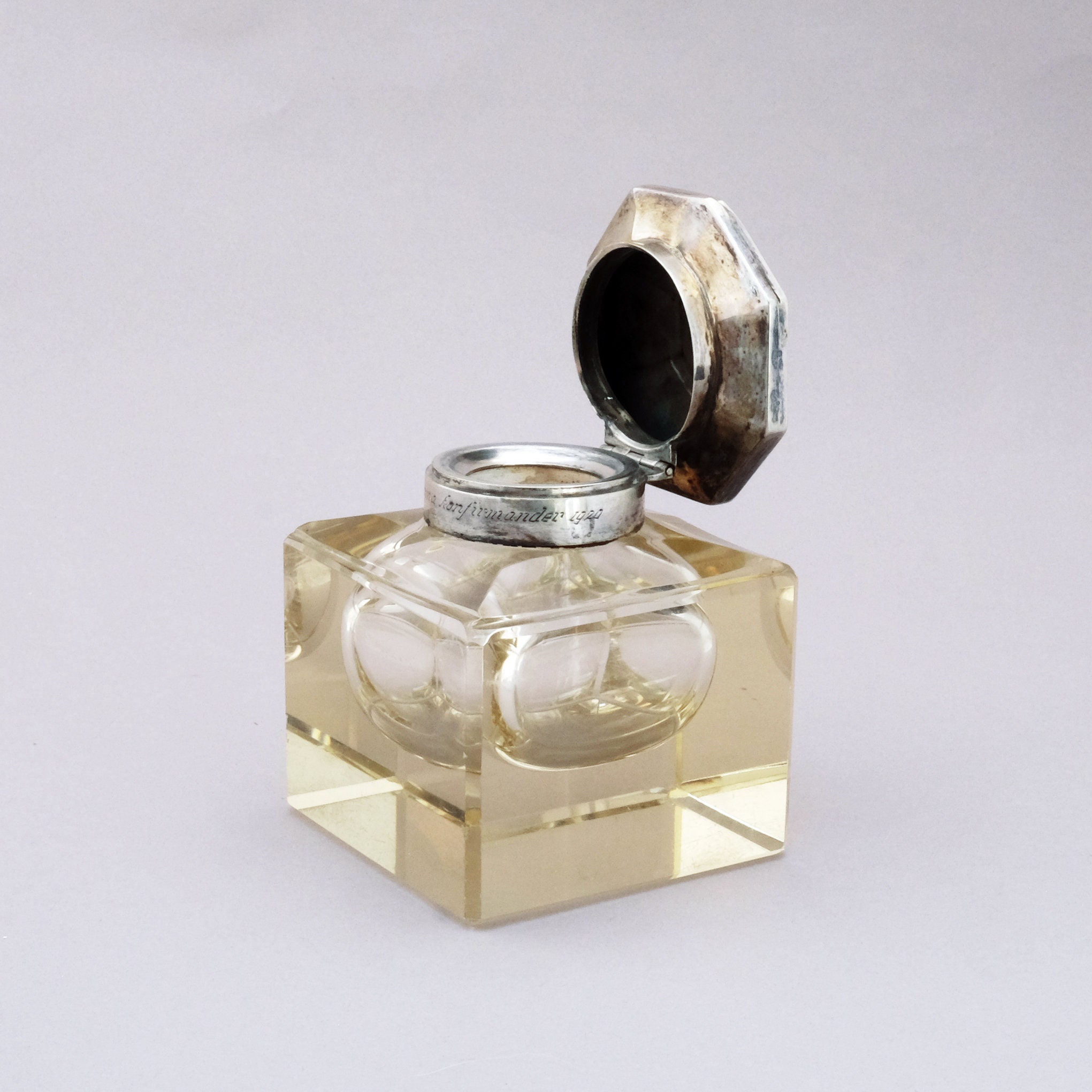 BIG Amber Colored Crystal Inkwell/silver Lid/1919 Art | Etsy