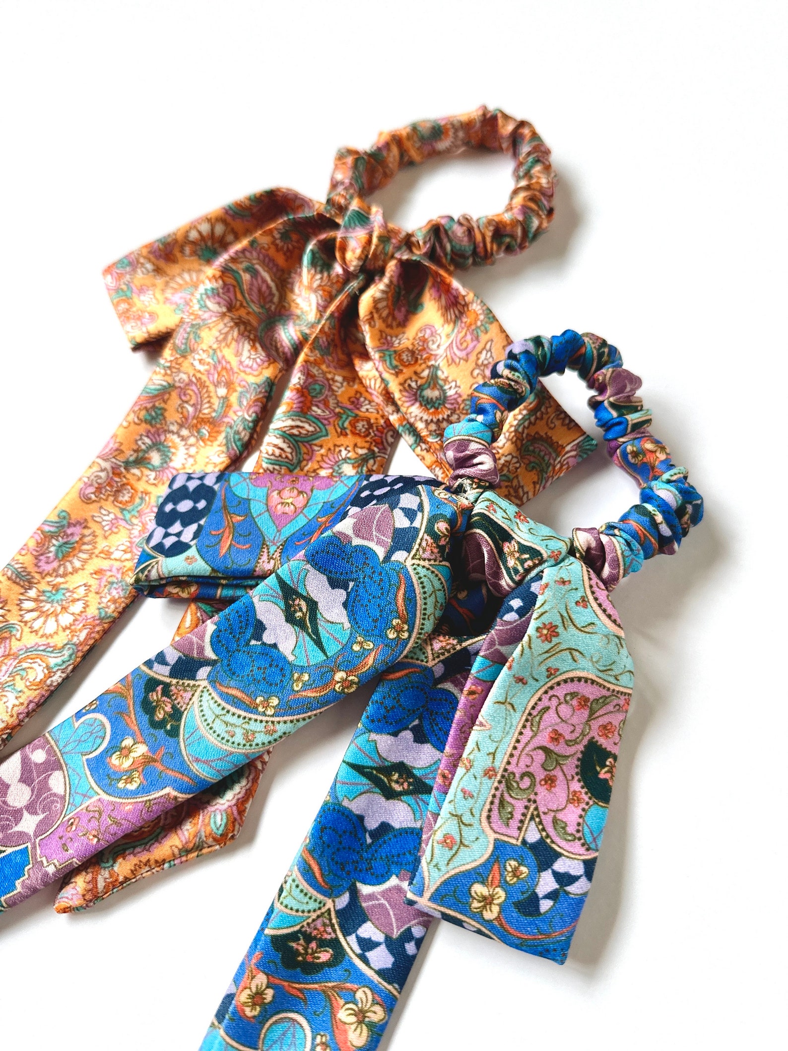 Skinny Bow Scrunchie | Floral Bow Scrunchie | Satin Scarf Scrunchie ...