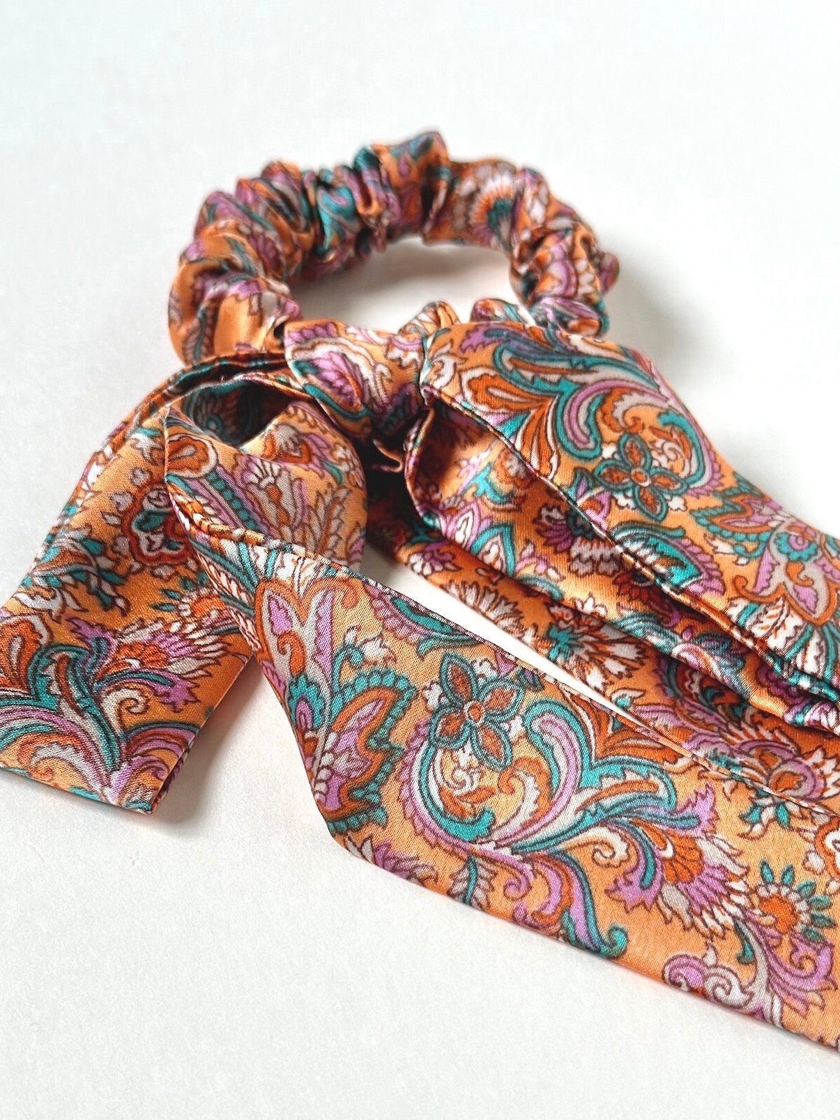 Skinny Bow Scrunchie | Floral Bow Scrunchie | Satin Scarf Scrunchie ...