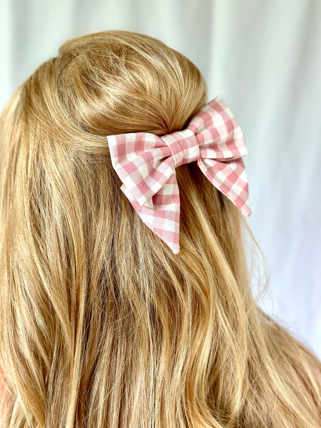 Pink Gingham Bow Layered Bow Barrette Pink and Cream Gingham Handmade ...