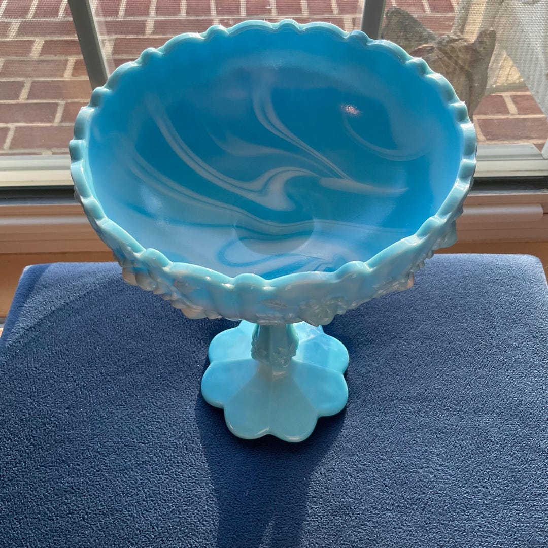 Fenton Blue & White Slag glass - Cabbage Rose Pedestal Compote/candy ...