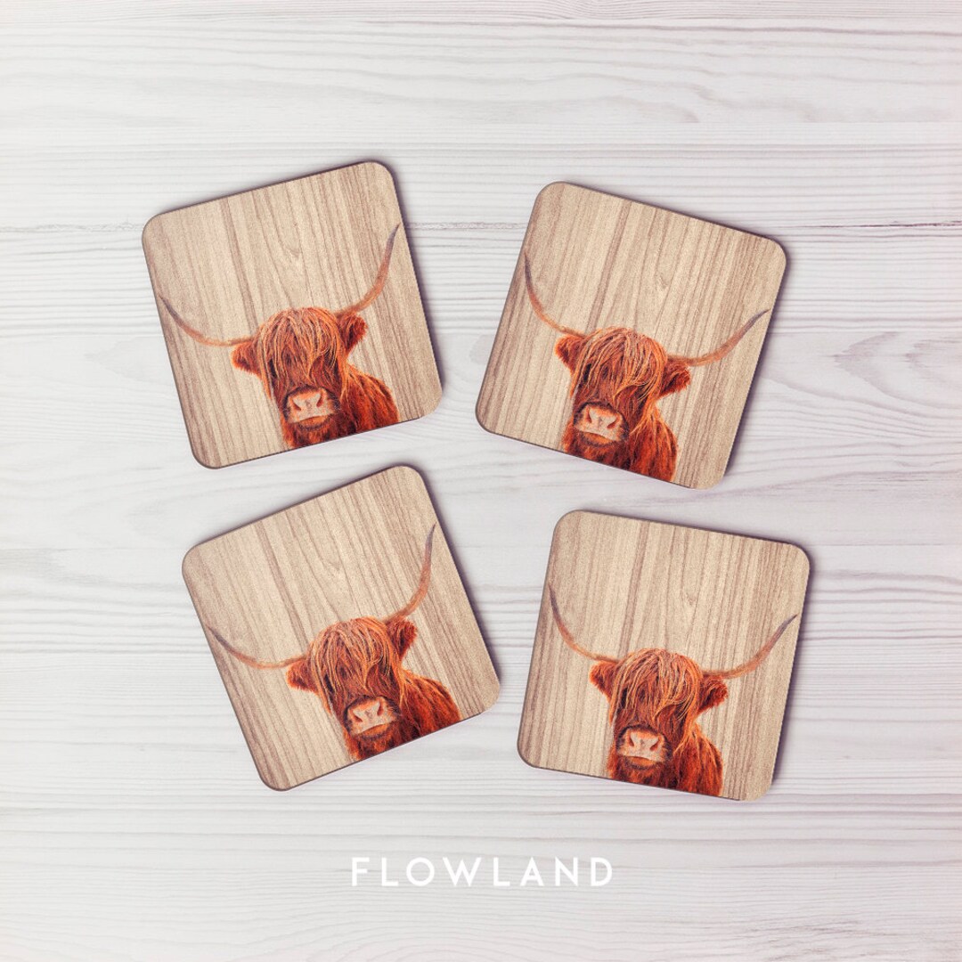 Coaster Set Highland Cow Print Scottish Coasters Birthday - Etsy