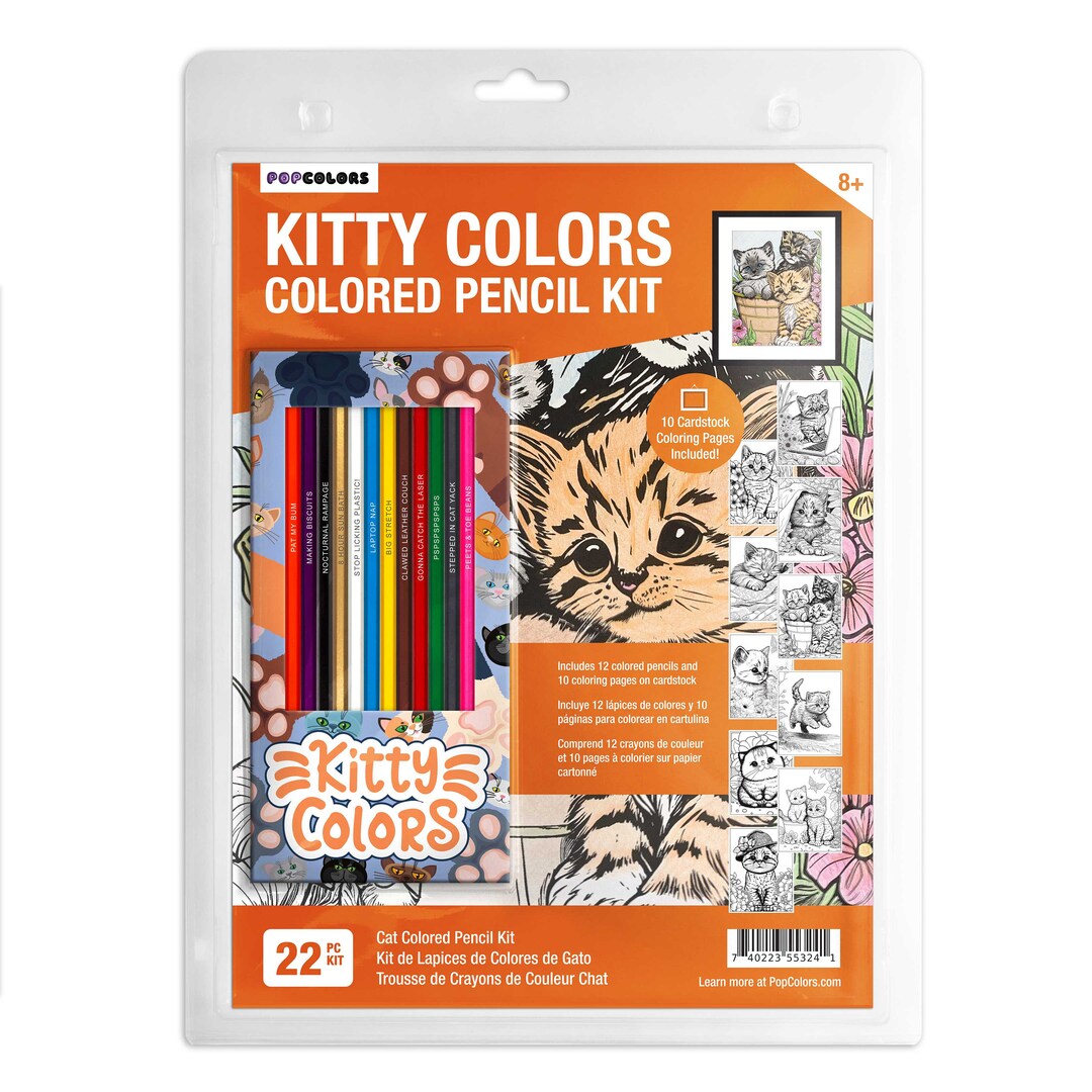 Kitty Colors Colored Pencils & Coloring Pages Kit, Great Gift for Cat ...