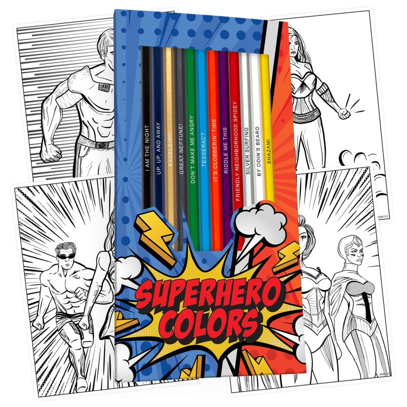 Superhero Colored Pencils & Coloring Pages: Comic Fan Gift - Etsy