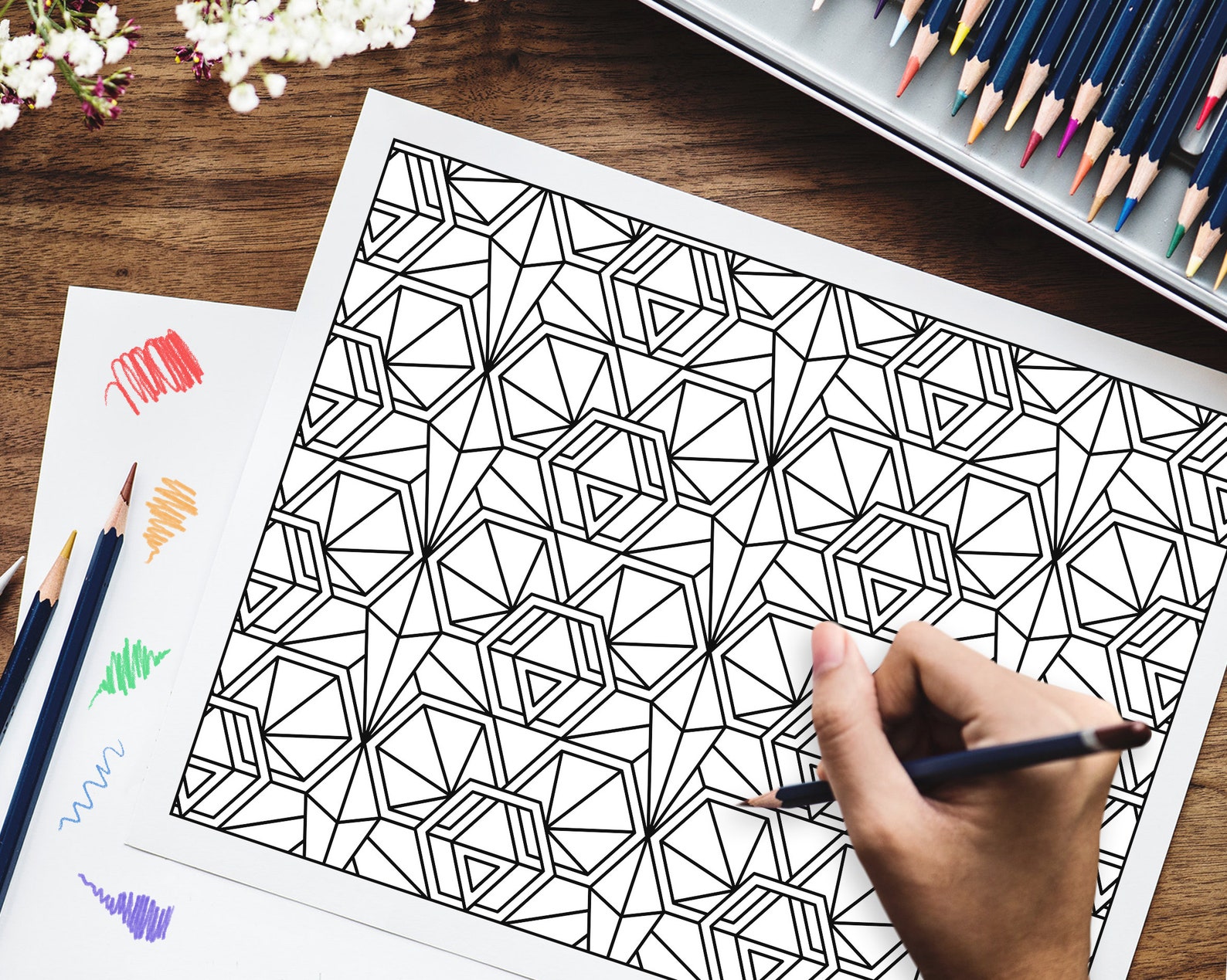 Geometric Abstract Coloring Page: Symmetrical Polygon Pattern (digital ...
