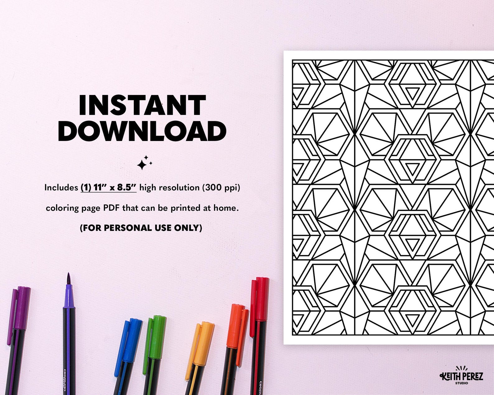 Geometric Abstract Coloring Page: Symmetrical Polygon Pattern (digital ...