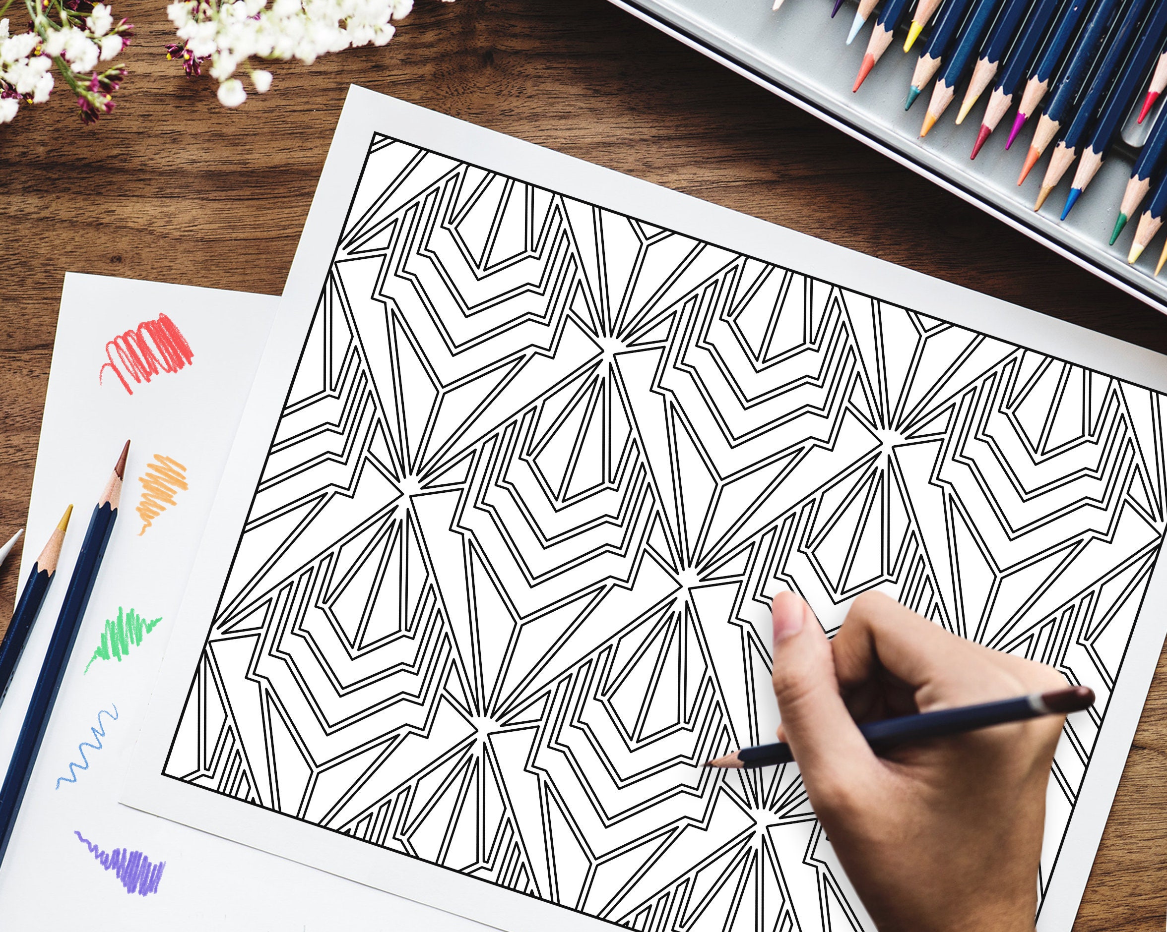 Geometric Abstract Coloring Page: Symmetrical Polygon Pattern (digital ...