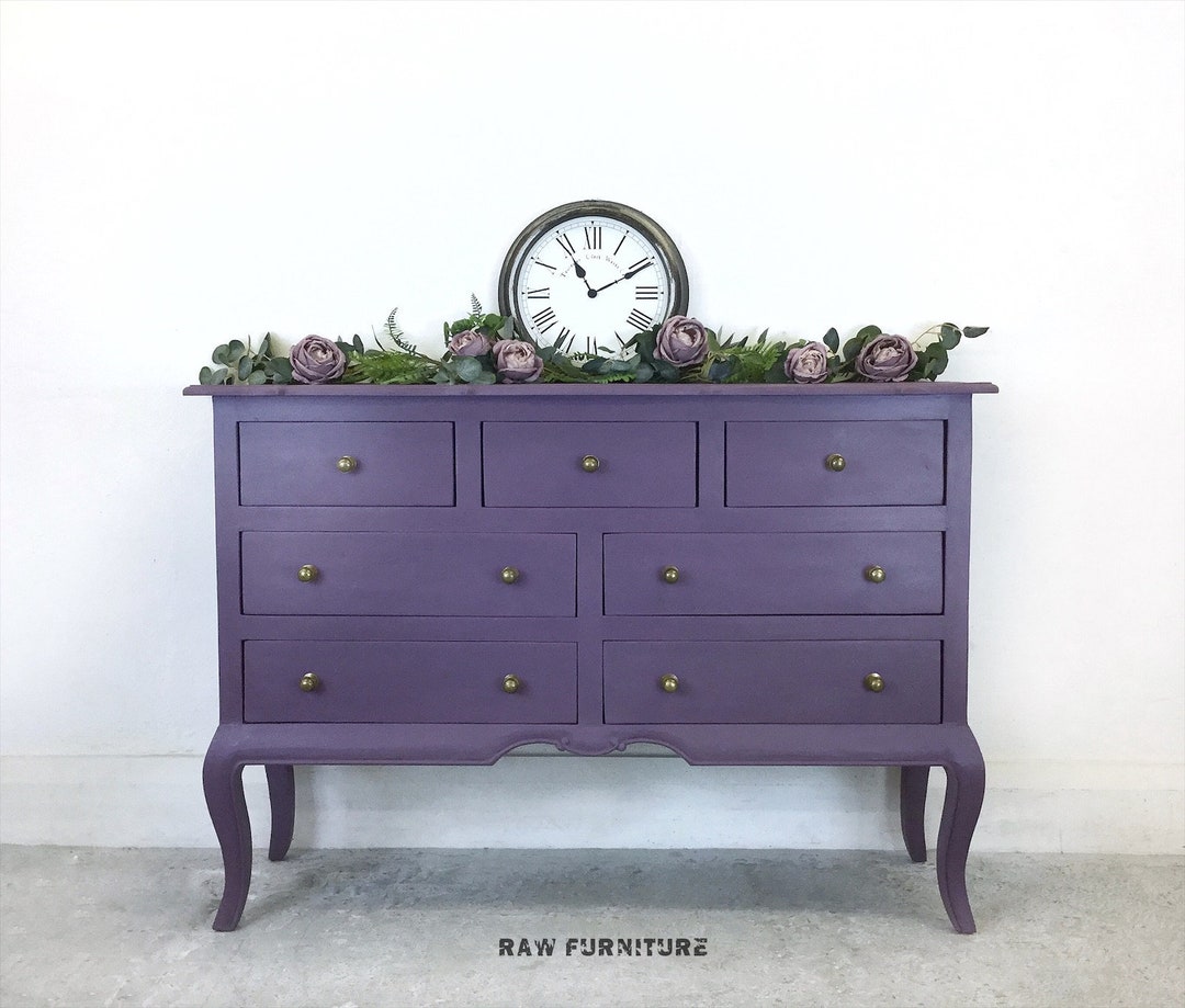 SOLD ~ Hand Painted Mango Wood Chest of 7 Drawers. Hand Painted Purple ...