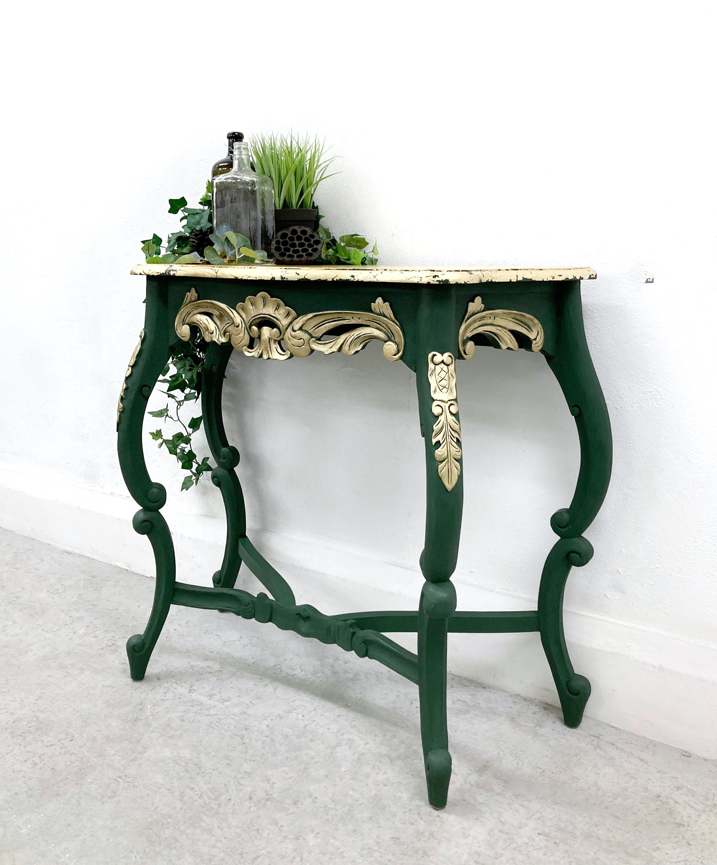 Vintage Console Table. Hand Painted Hallway Table. Green and Gold. Home ...