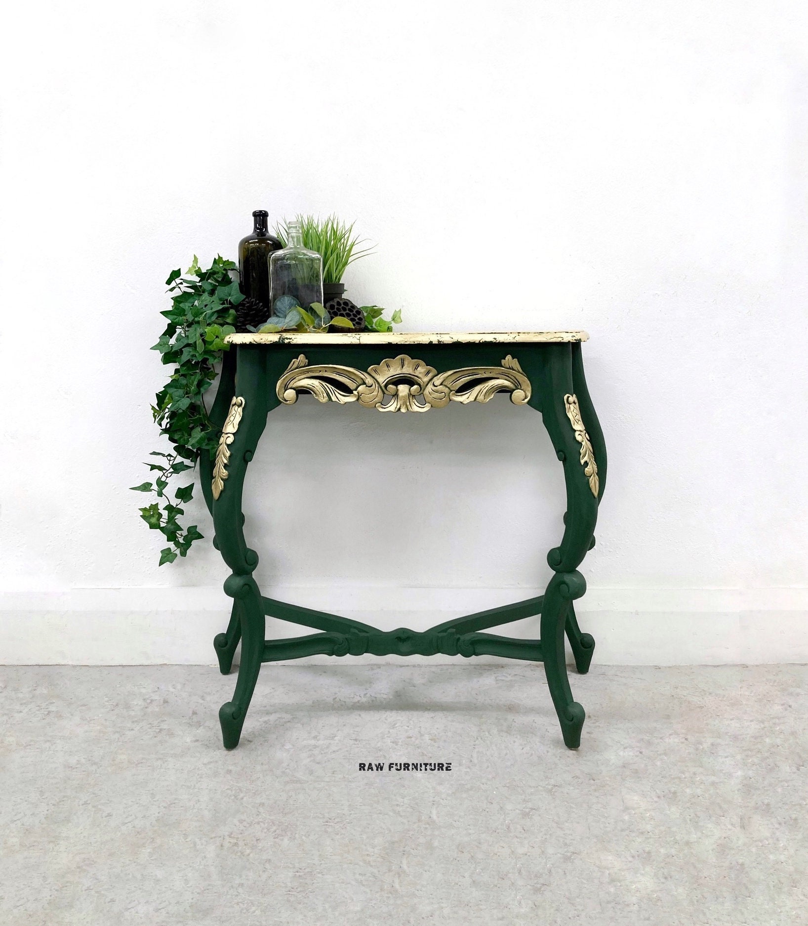 Vintage Console Table. Hand Painted Hallway Table. Green and Gold. Home ...