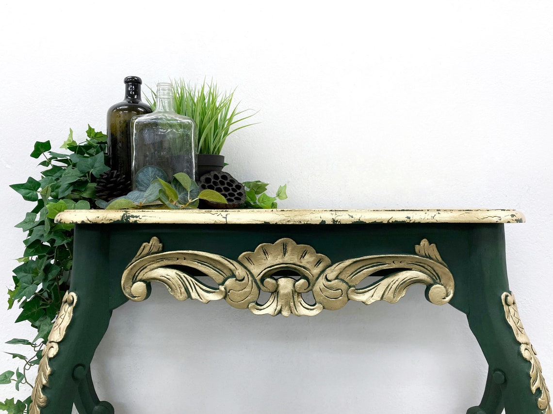 Vintage Console Table. Hand Painted Hallway Table. Green and Gold. Home ...