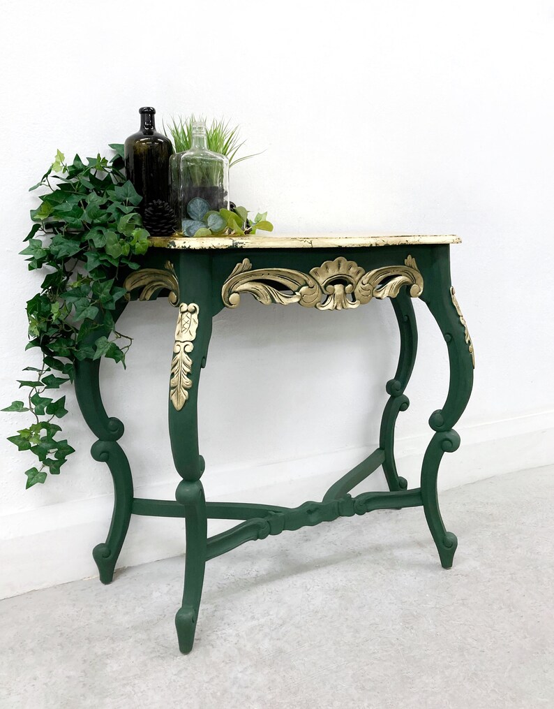Vintage Console Table. Hand Painted Hallway Table. Green and Gold. Home ...