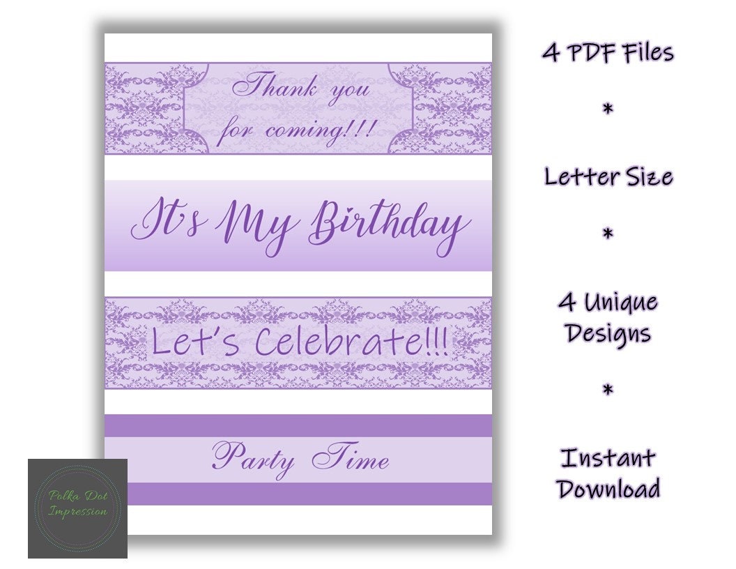 Purple Lace Birthday Water Bottle Labels, Classy Party Favors, Great ...