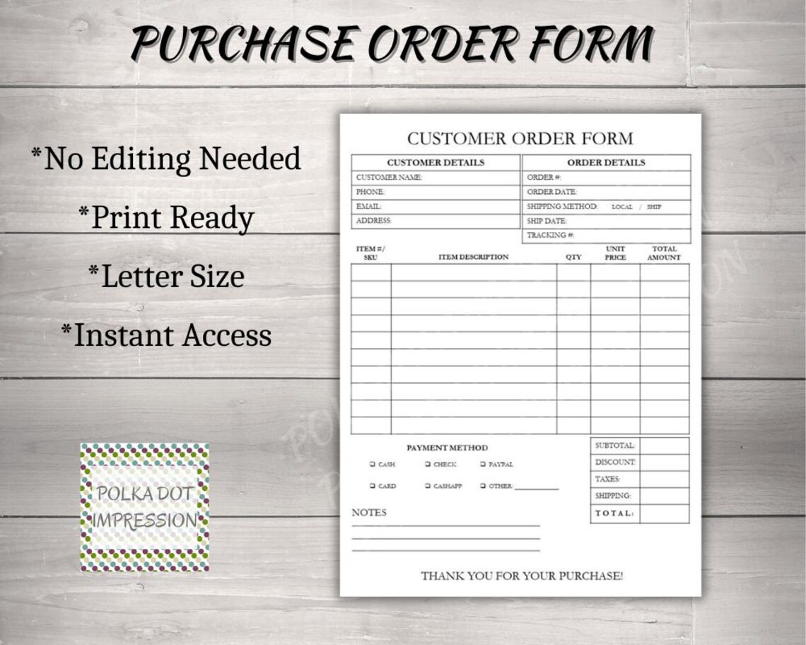 Purchase Order Form, Client Purchase Order, Printable Business Sheet ...