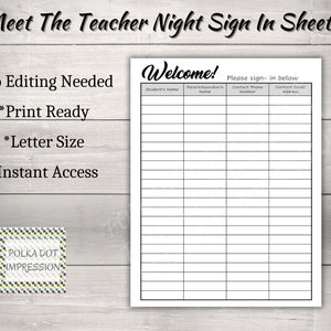 Meet the Teacher Night Sign in Sheet for Parent or Guardians, Classroom ...