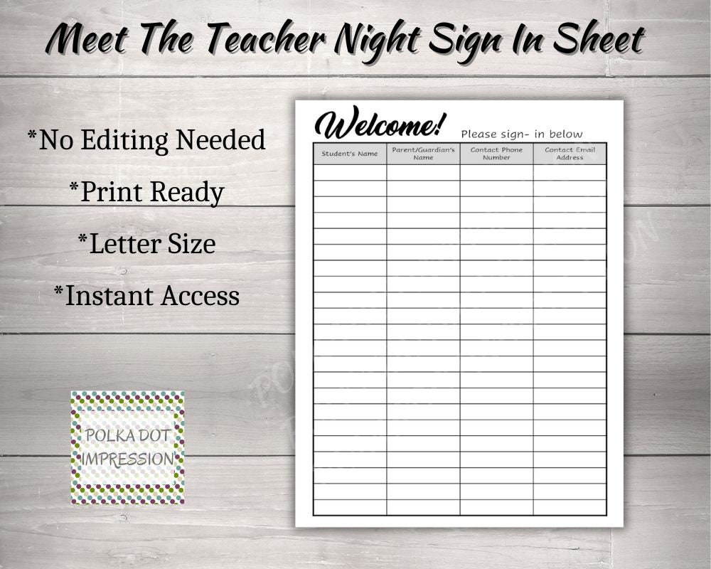 Meet the Teacher Night Sign in Sheet for Parent or Guardians, Classroom ...