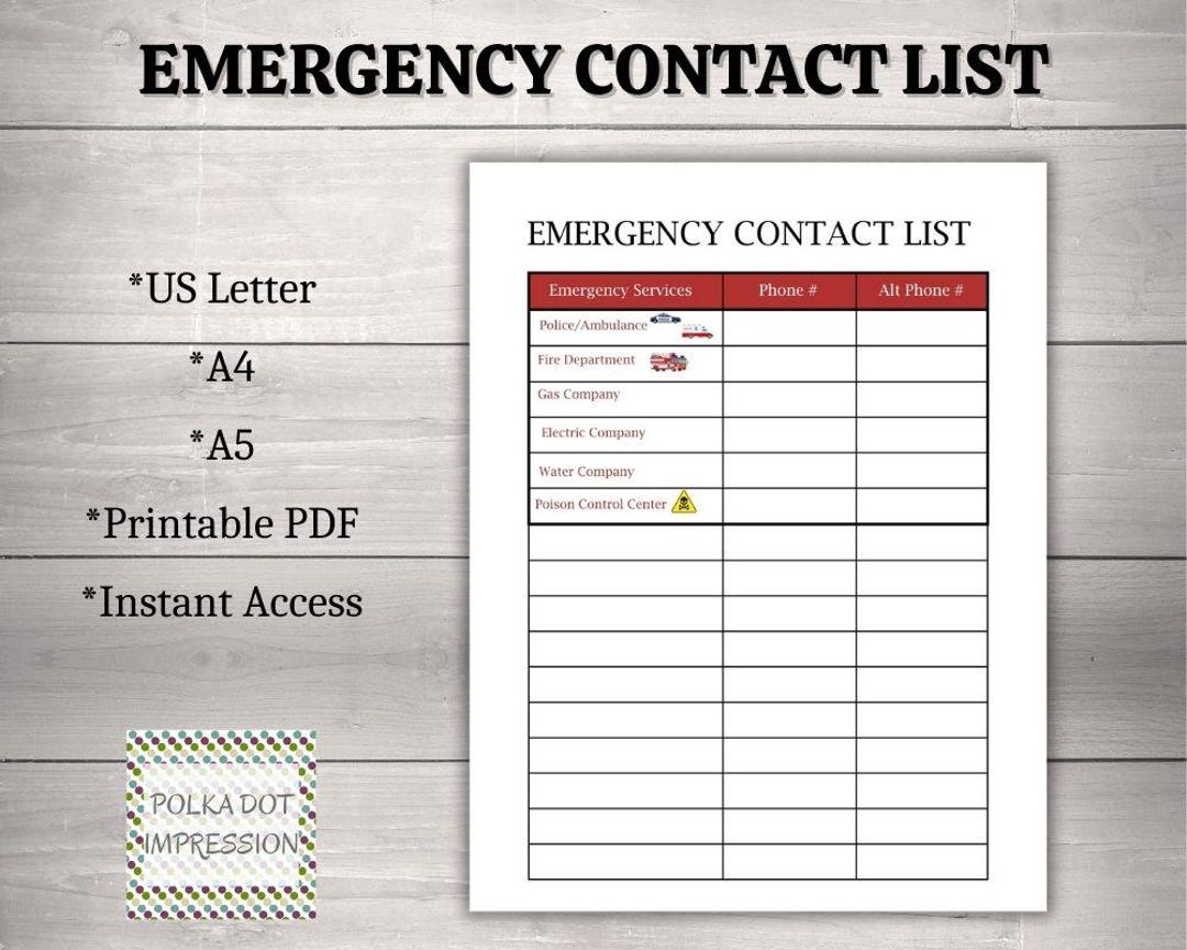 Emergency Contact List Printable | Household Safety Sheet | Editable ...