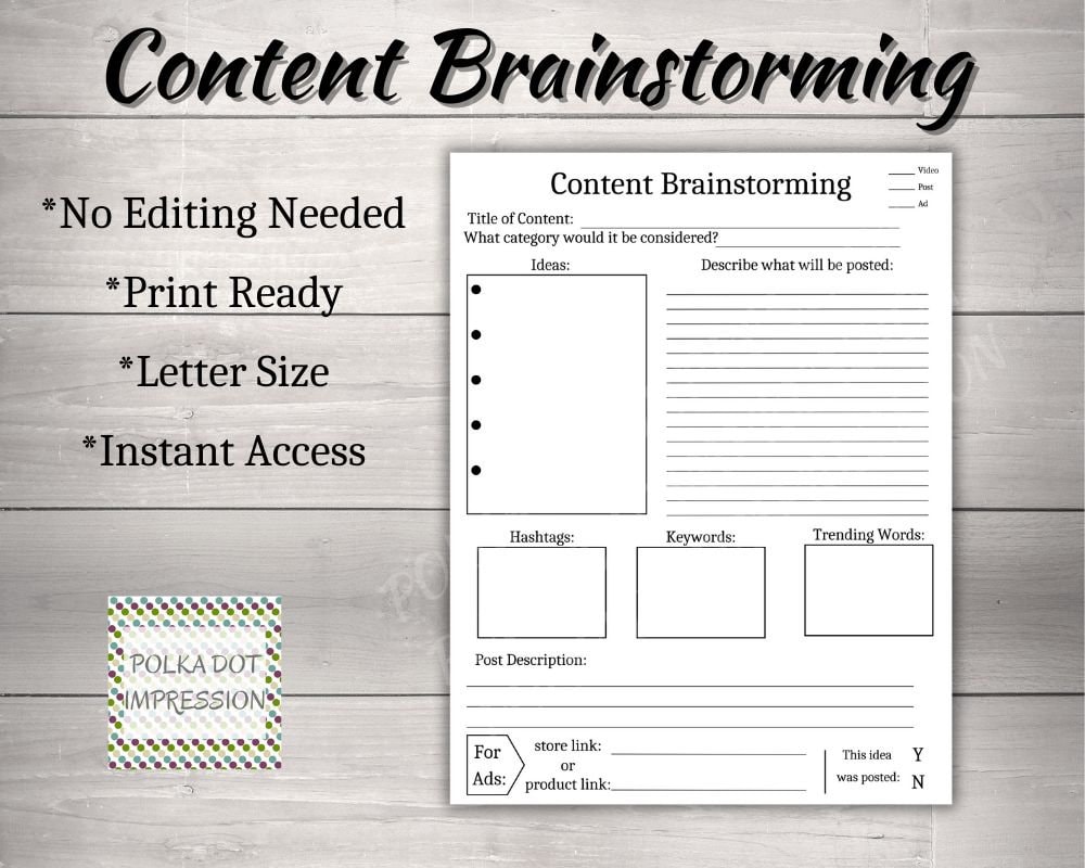 Content Brainstorming Worksheet, Ideas Planning for Content Creators ...
