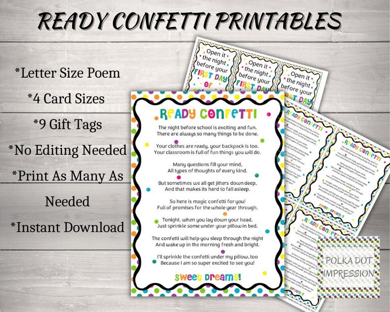 Confetti Printables for First Day of School, Back to School, Poem Cards ...