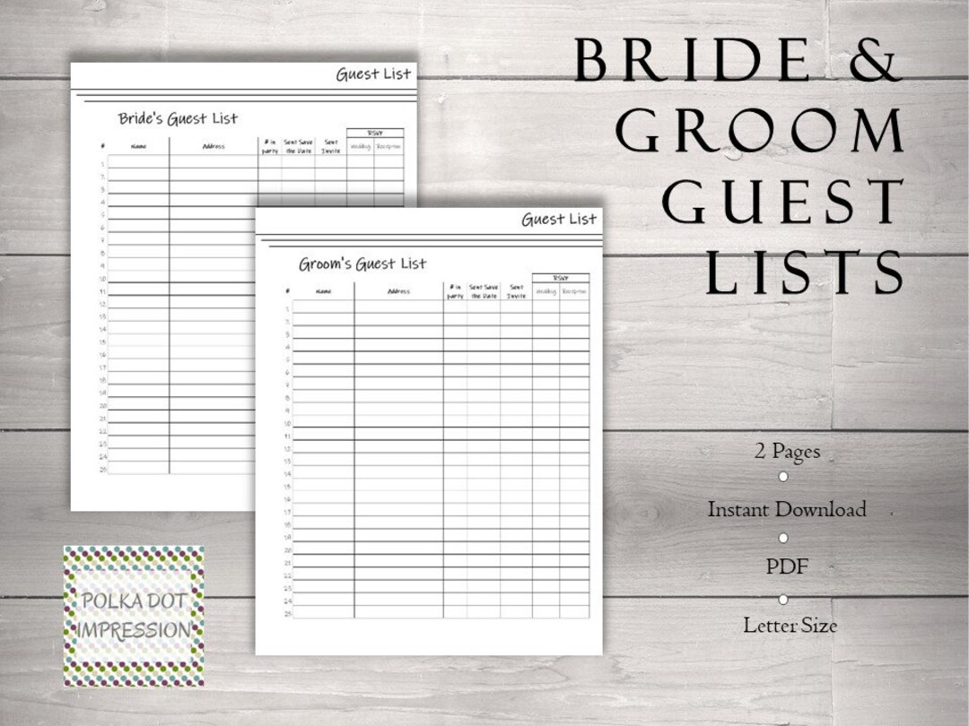 Bride and Groom Guest List | Printable Wedding Planner Page ...