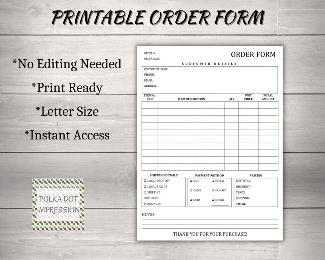 Printable Order Form, Customer Purchase Order, Company Business Sheet ...