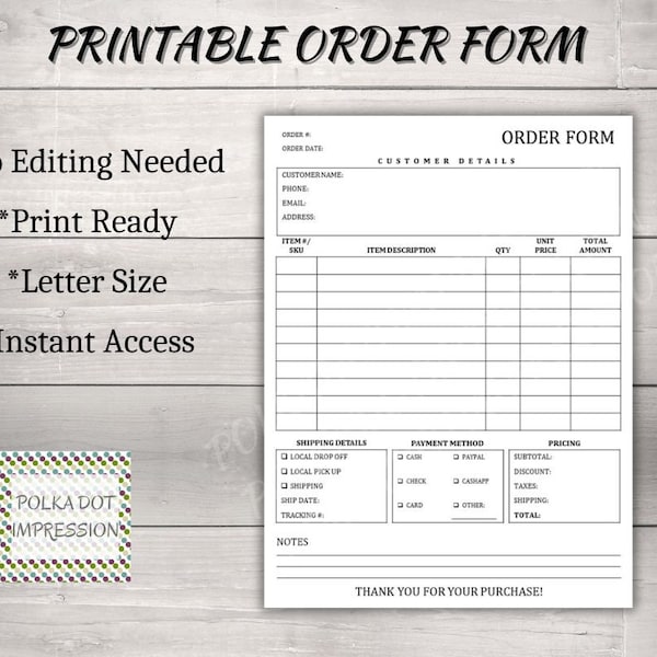 Printable Order Form, Customer Purchase Order, Company Business Sheet ...