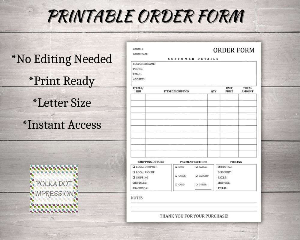 Printable Order Form, Customer Purchase Order, Company Business Sheet ...