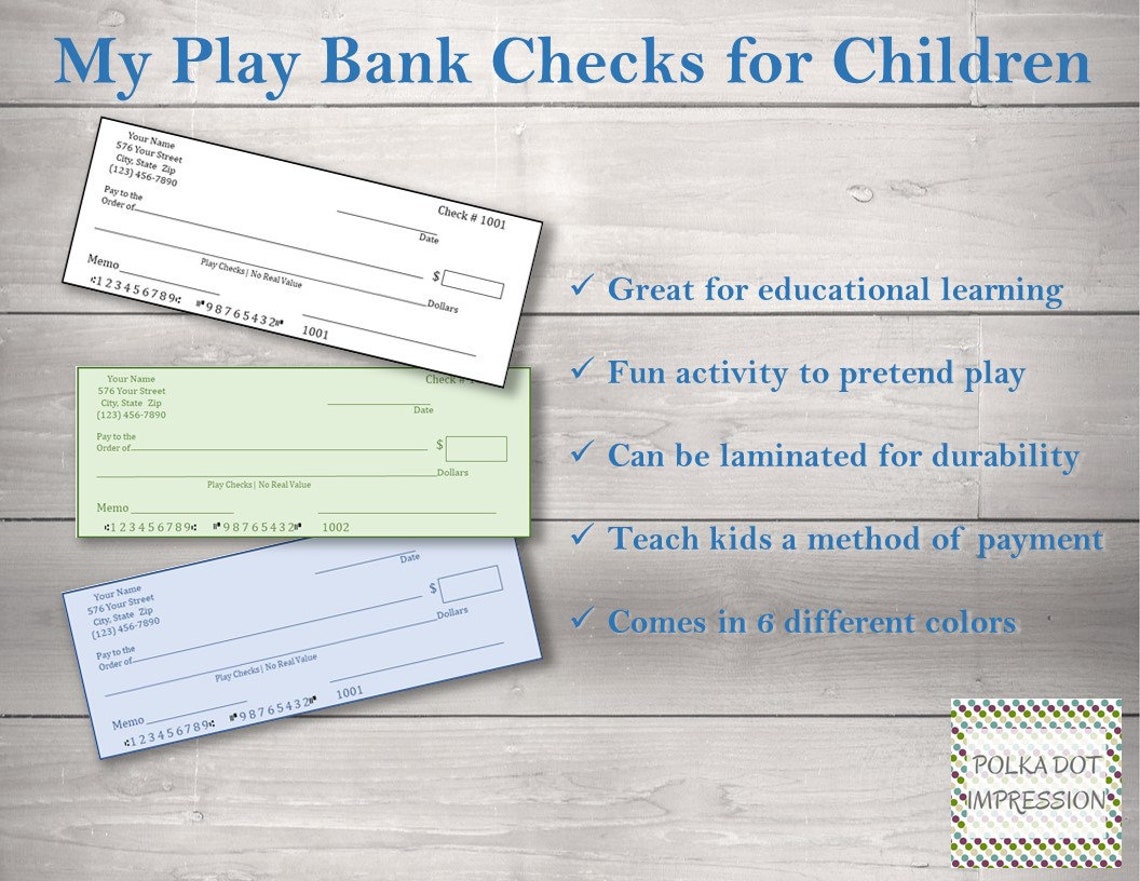 My Play Bank Checks for Children Pretend Play Checks for | Etsy