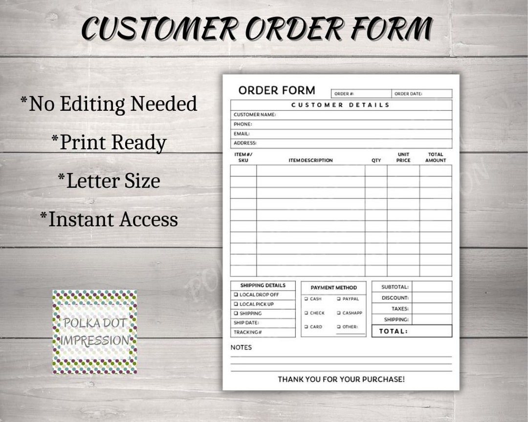 Customer Order Form, Client Purchase Order, Printable Business Sheet ...
