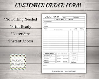 Printable Order Form, Customer Purchase Order, Company Business Sheet ...