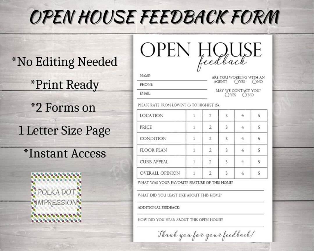 Open House Feedback Form, Realtor Agent Feedback Form, Broker ...