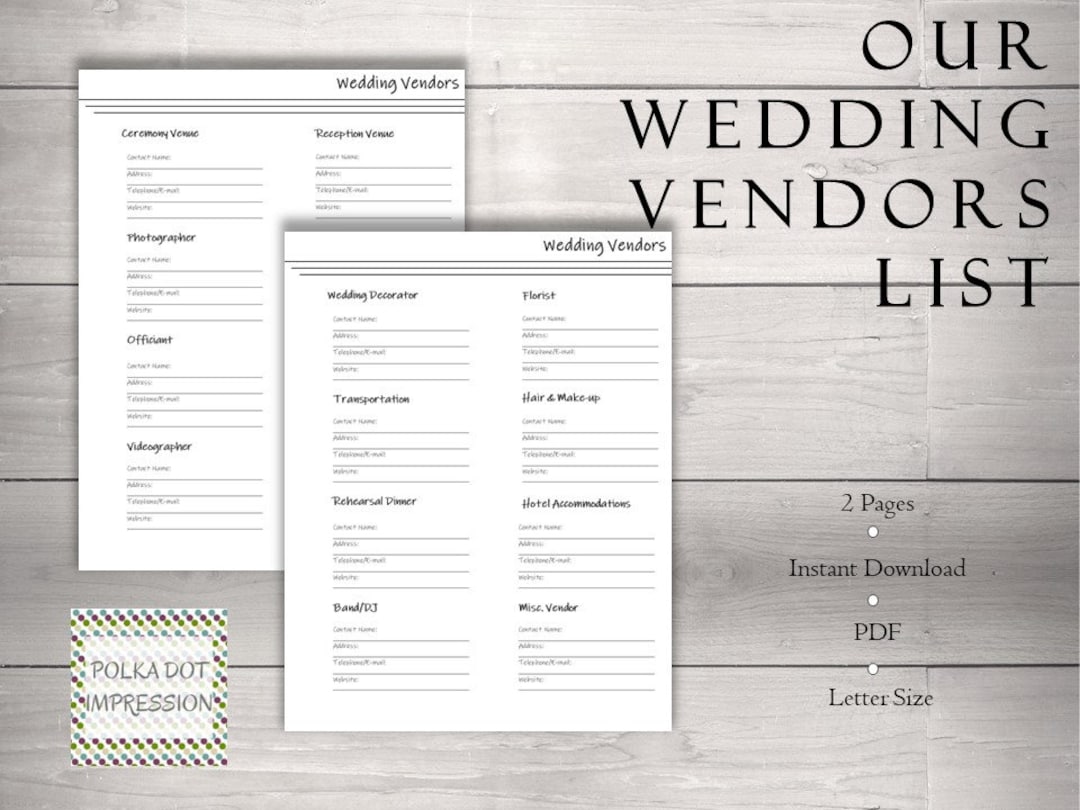 Our Wedding Vendors List | Printable Vendor List| Food Management ...