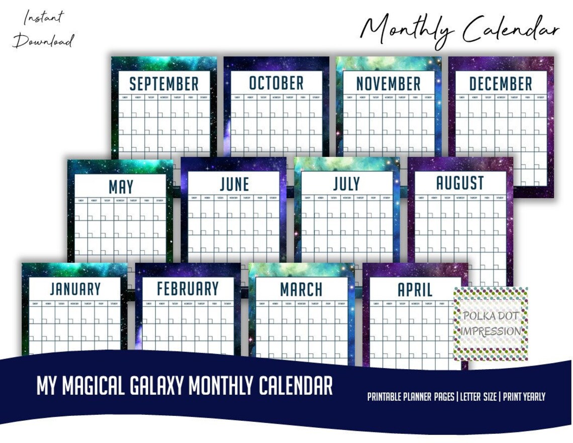 My Monthly Galaxy Calendar Month to Month Calendar Letter Size Monthly ...