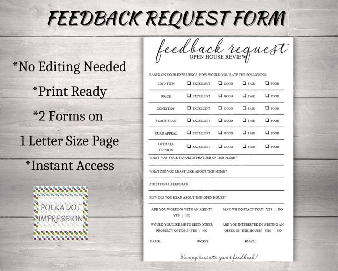 Feedback Request Review Form, Real Estate Comment Sheet, Realtor ...