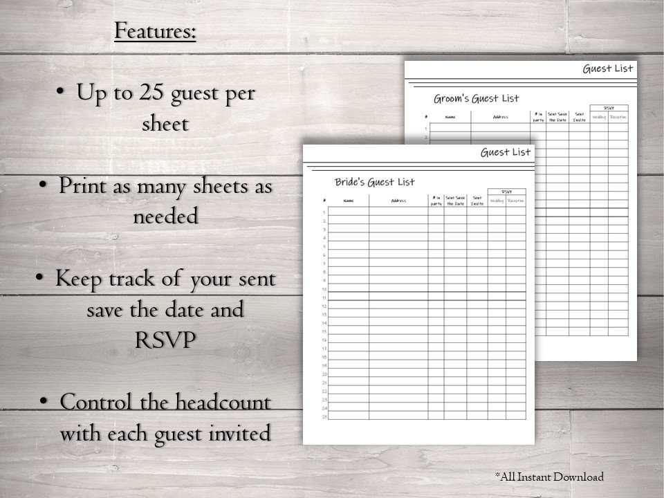 Bride and Groom Guest List | Printable Wedding Planner Page ...