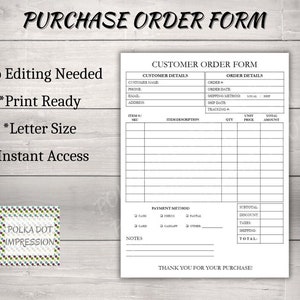 Purchase Order Form, Client Purchase Order, Printable Business Sheet ...