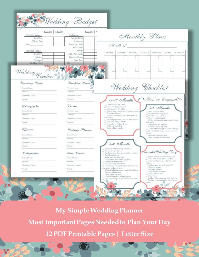 Floral Simple Wedding Planner, Printable Diary, Wedding Planner Kit ...