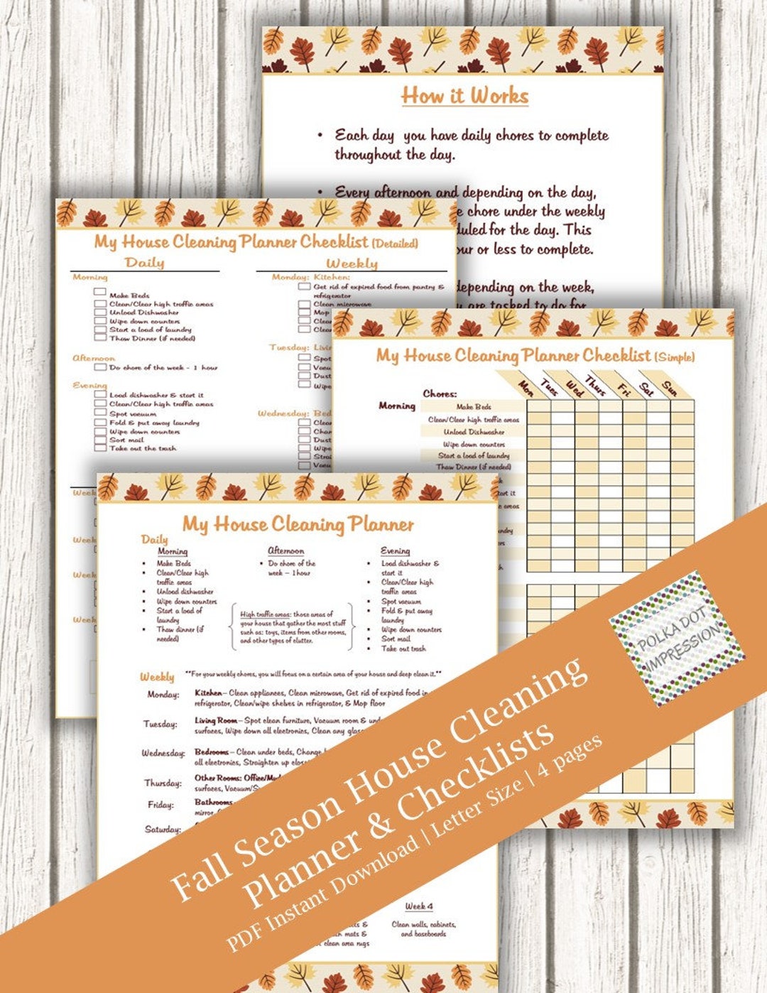 Fall Leaves House Cleaning Planner Schedule & Checklists, Seasonal ...