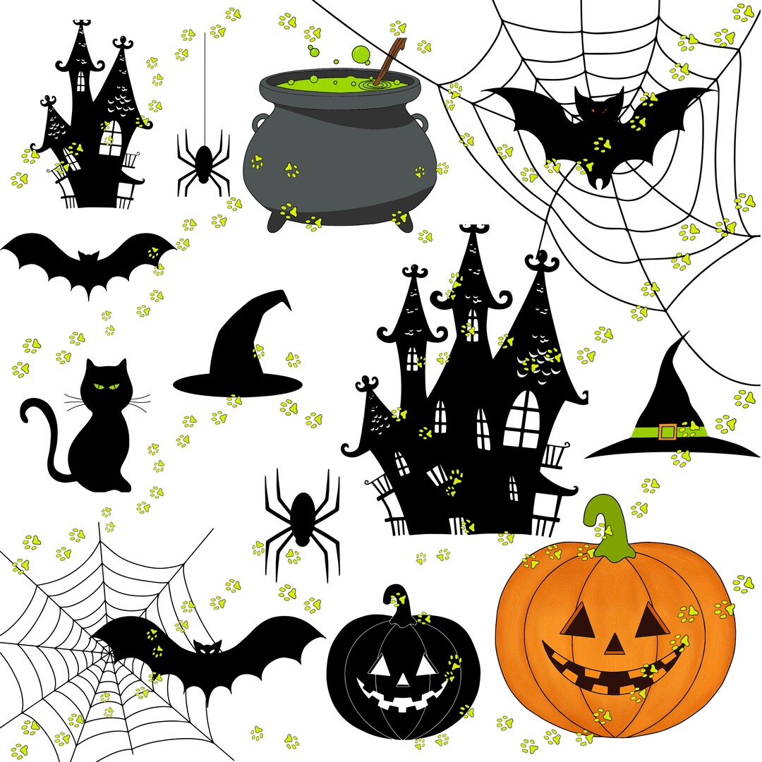 Halloween Clipart Set - Jack-o-lantern,pumpkin,witch Hat,cat,haunted ...
