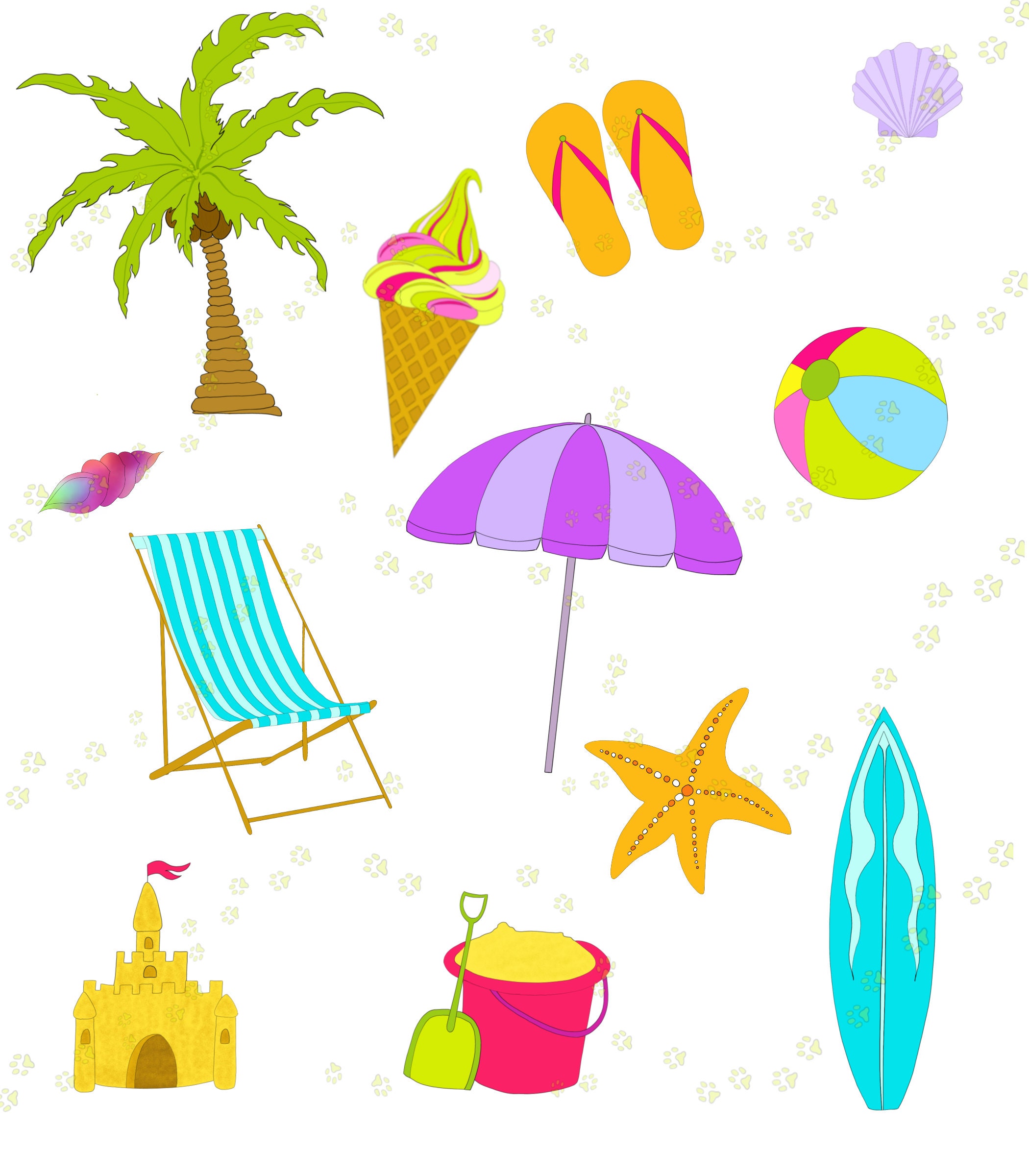 Beach Clipart Set - Palm,umbrella,ice-cream,sand Castle,sea Star,shells ...