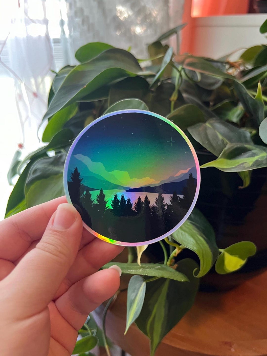 Holographic Blue Mountain Landscape Round Sticker, Waterproof National ...