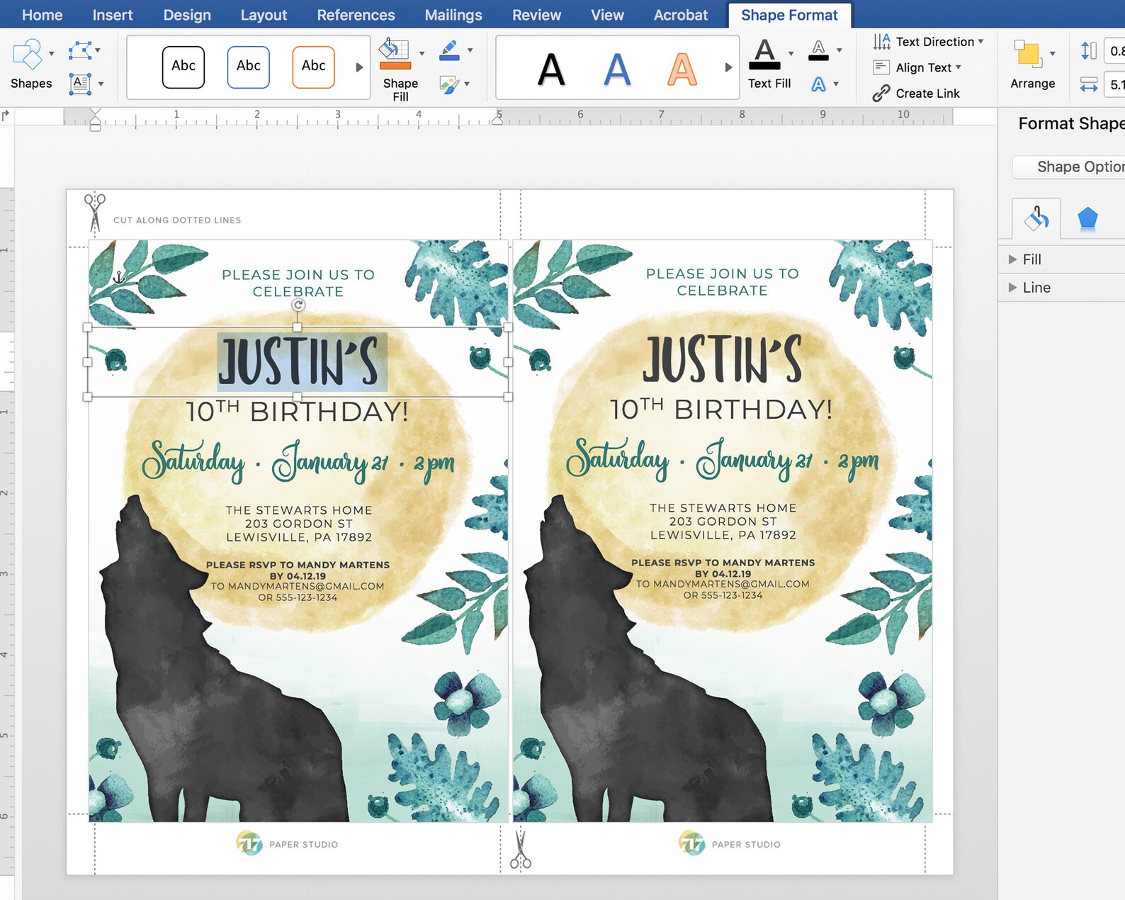 Wolf Theme Birthday Party Invitation Template Howling Wolf | Etsy