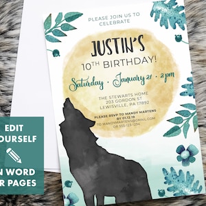 Wolf Theme Birthday Party Invitation Template, Howling Wolf, Moon, Boy ...