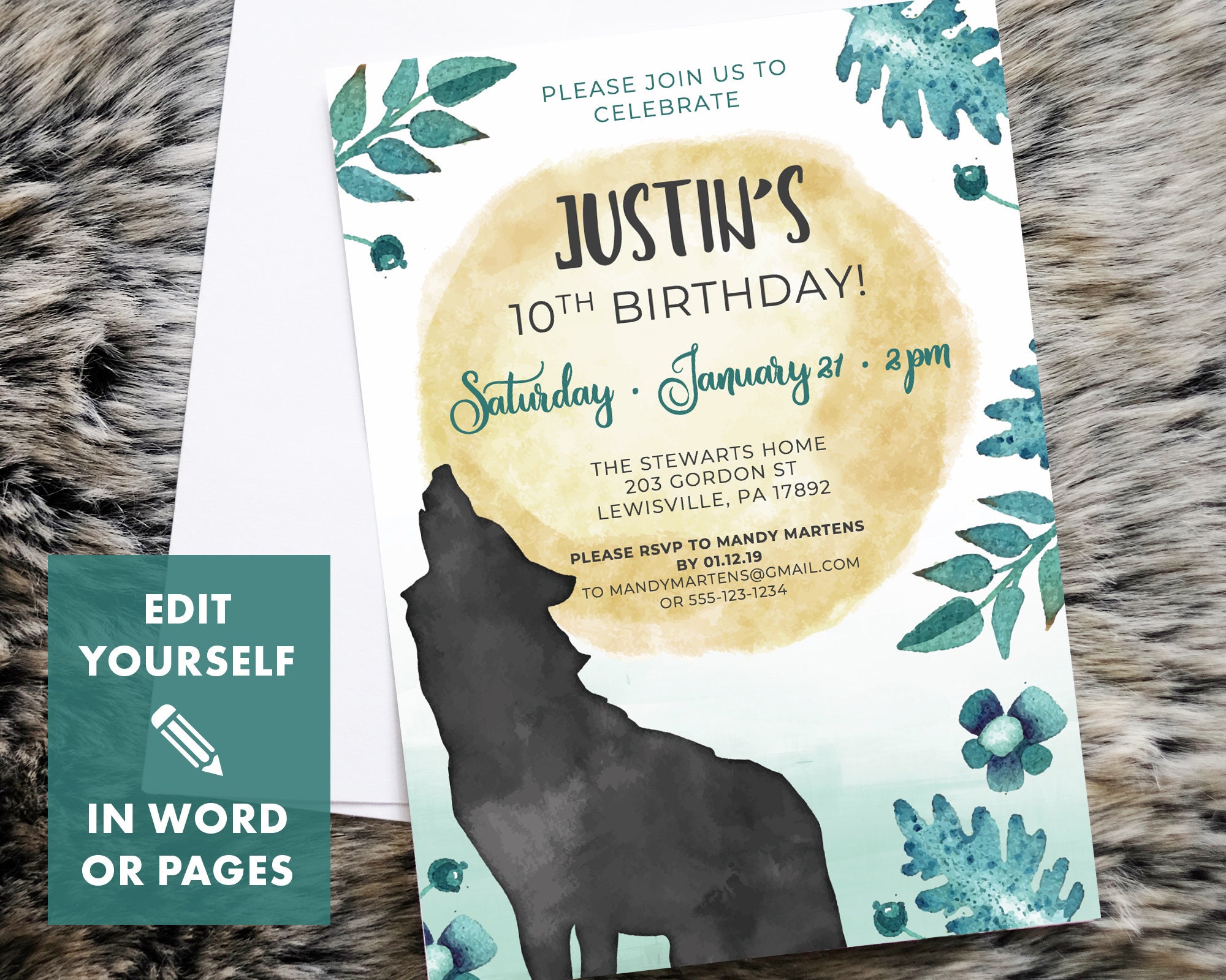 Wolf Theme Birthday Party Invitation Template Howling Wolf | Etsy