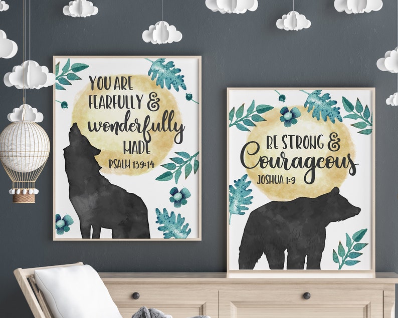 Bear Bible Verse Nursery Wall Art, Scripture, Bear, Moon, Animal, Boy ...