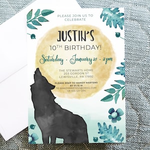 Wolf Theme Birthday Party Invitation Template, Howling Wolf, Moon, Boy ...