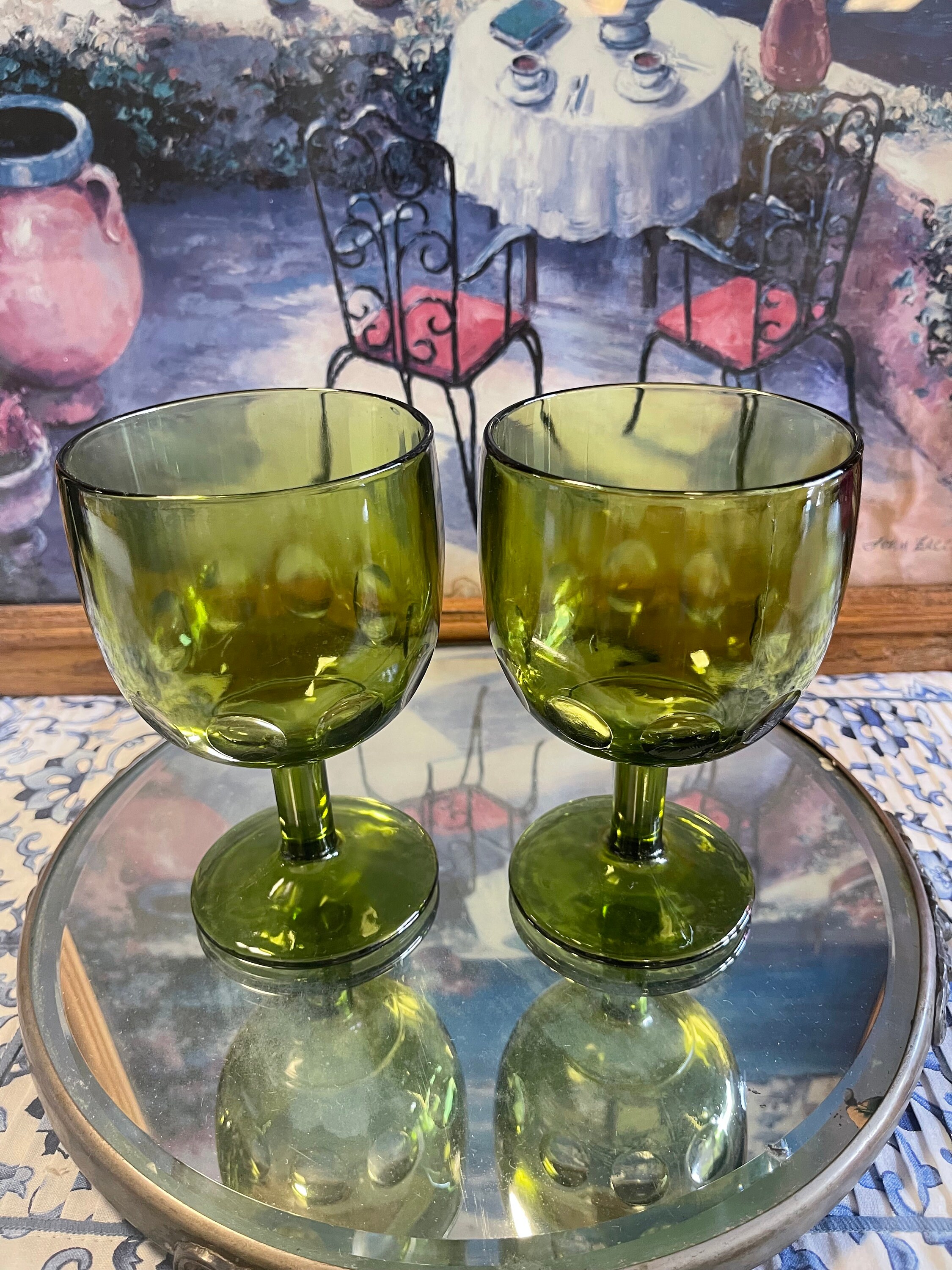Set of 2 Vintage Green Thumbprint Goblets - Etsy