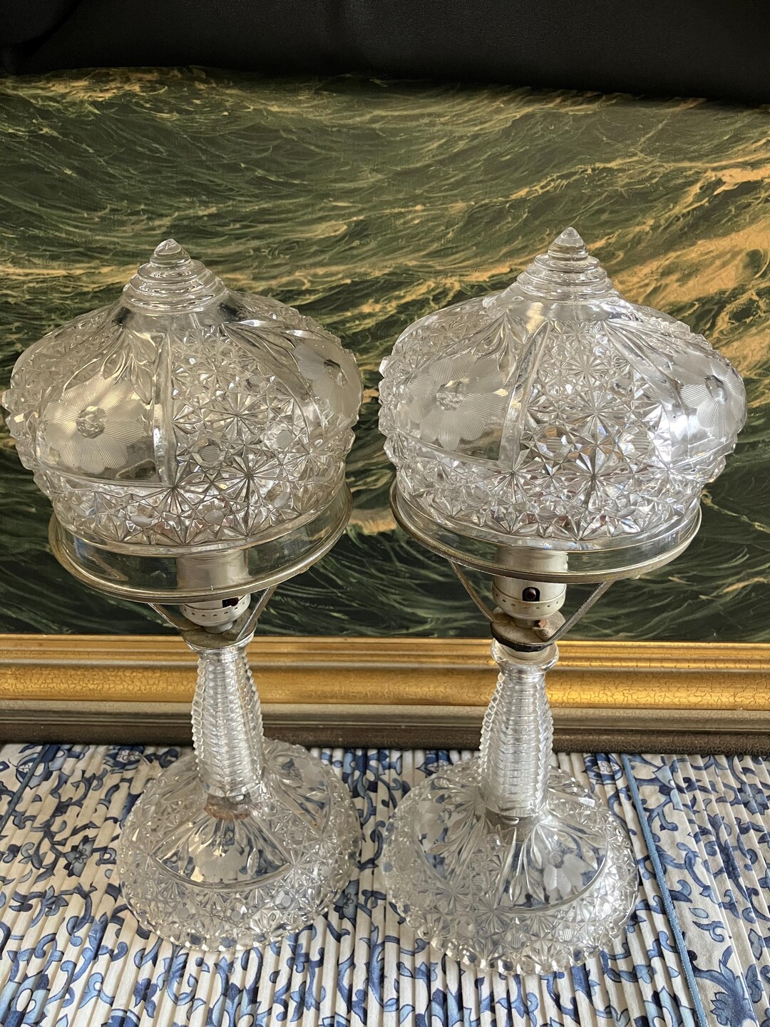 Antique Mckee Daisy & Buttons Electrolier Glass Buffet Boudoir Lamp Set ...